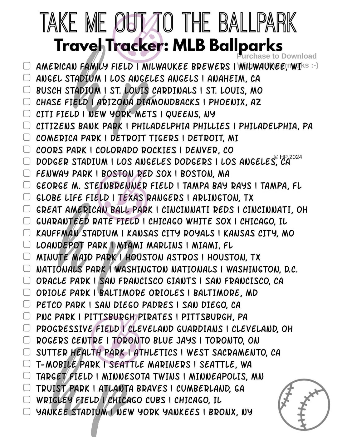 MLB Ballpark Travel Tracker take Me Out to the Ballgame Bucket List ...