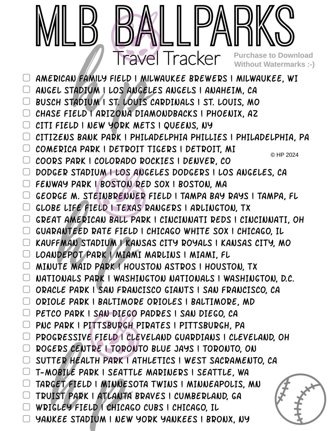 MLB Ballpark Travel Tracker Bucket List Baseball Stadiums PNG PDF ...