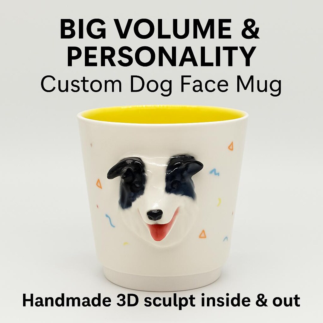 Large Custom Dog Face Mug – 3D Pet Portrait Front – Lemon Yellow ...