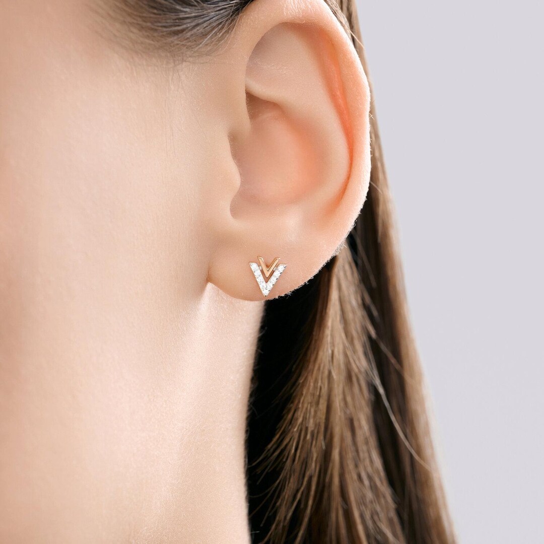 Lab Diamond Tiny Double Triangle Arrow Arrowhead Stud Earrings, Solid ...