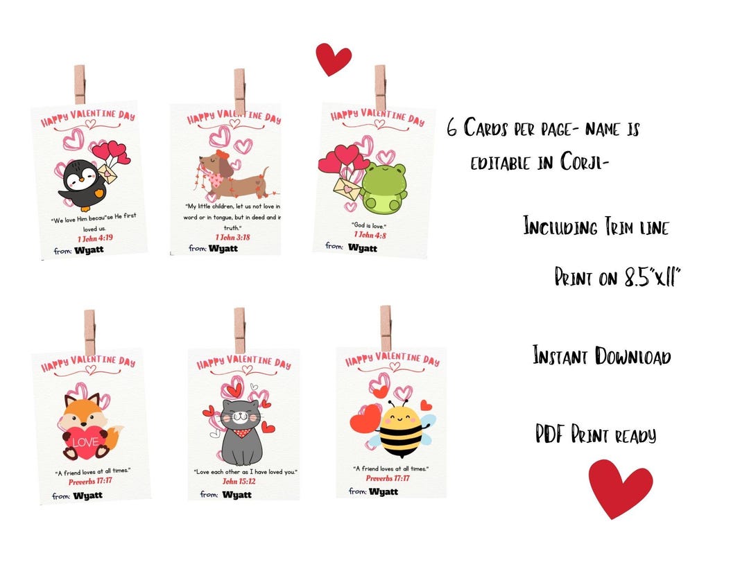 Printable Bible Verse Valentine Cards: Editable Christian Classroom ...