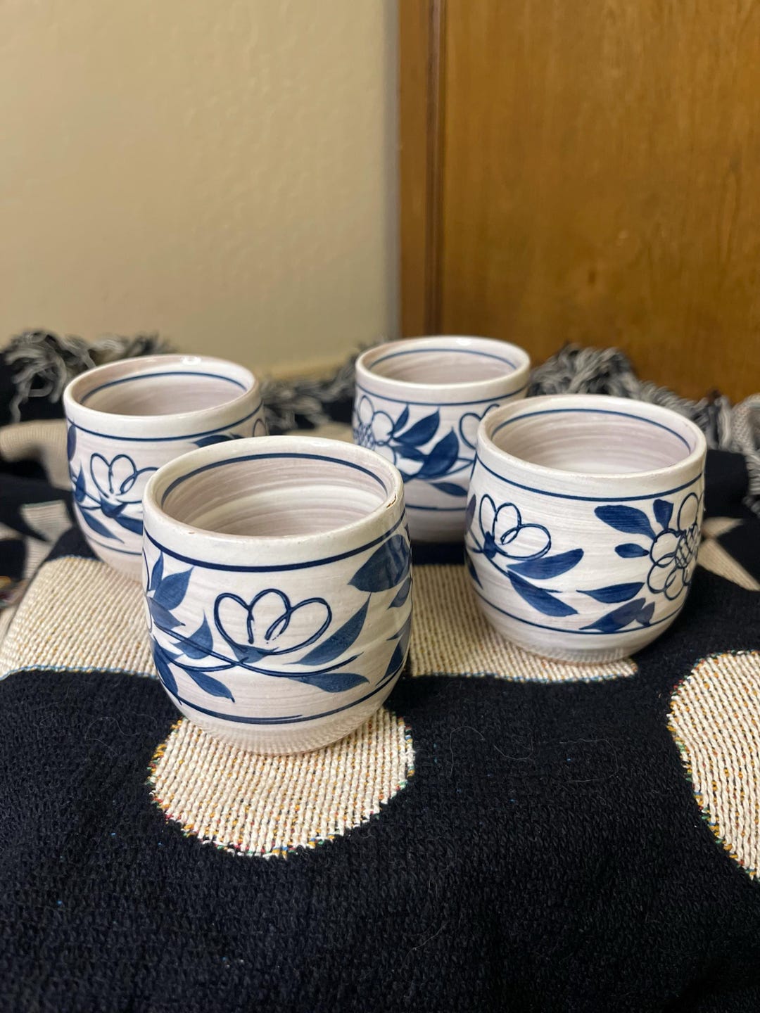 Set of Four Blue and Cream Floral Japanese Tea Cups - Hand-painted ...