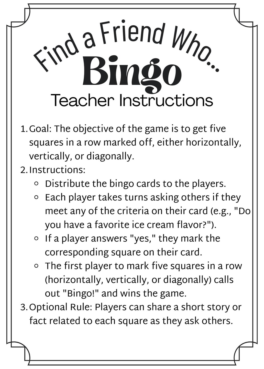 Find a Friend Who... Icebreaker Bingo Game – 10 Unique Printable Cards ...