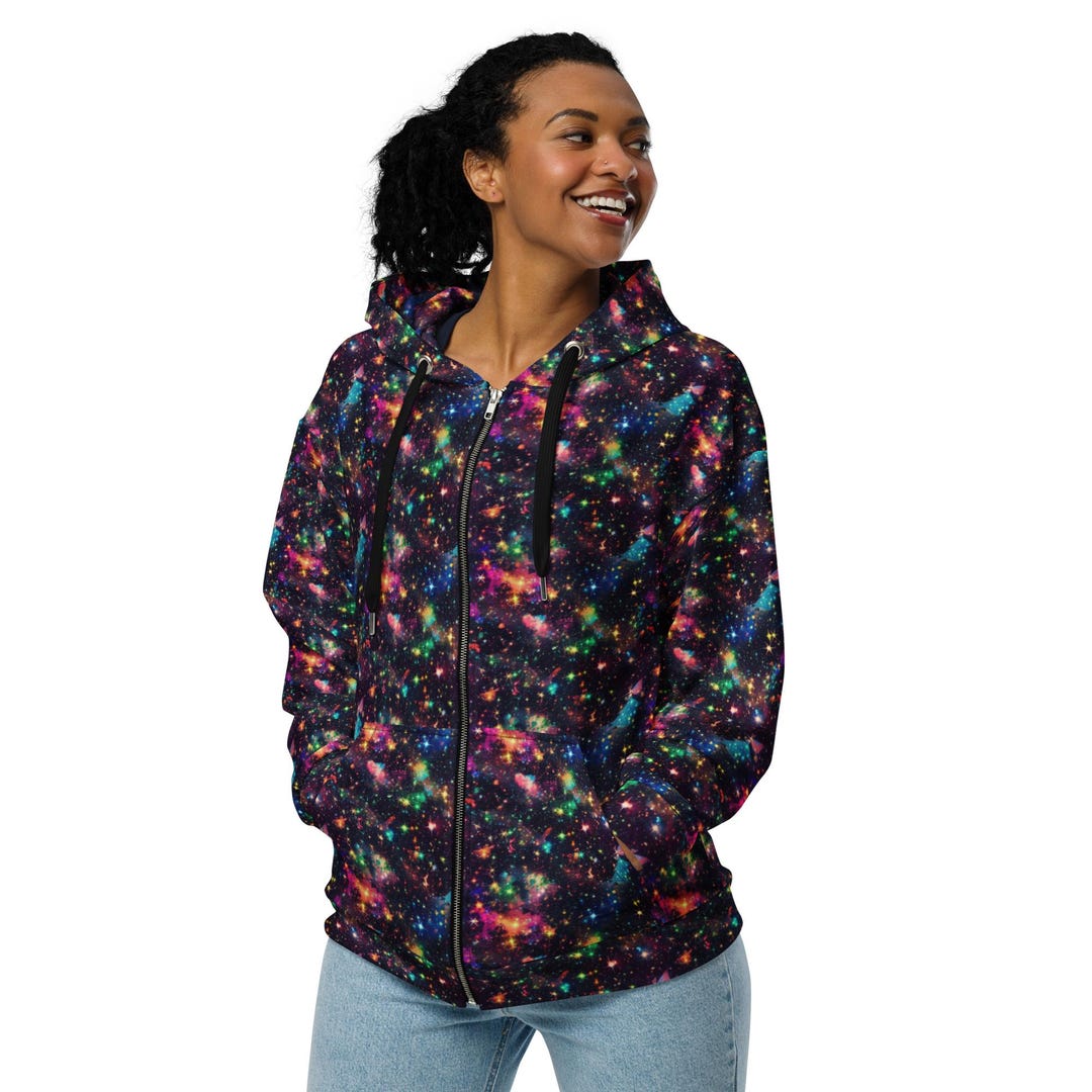 Rainbow Universe Galaxy Print Zipper Hoodie, Outer Space Planets AOP ...