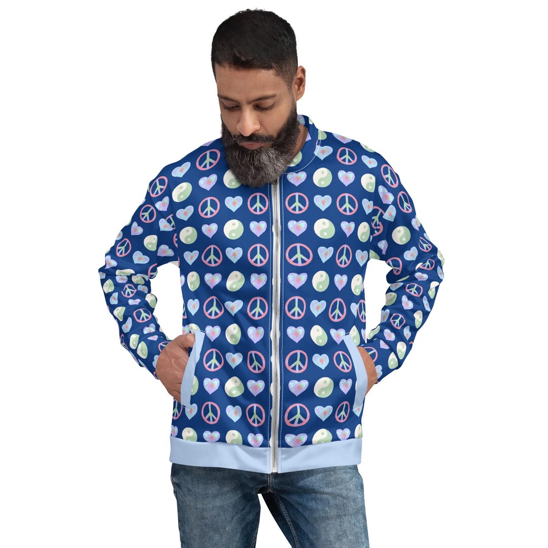 World Map Hearts Printed Bomber Jacket, Peace Signs All Over Print Zip ...