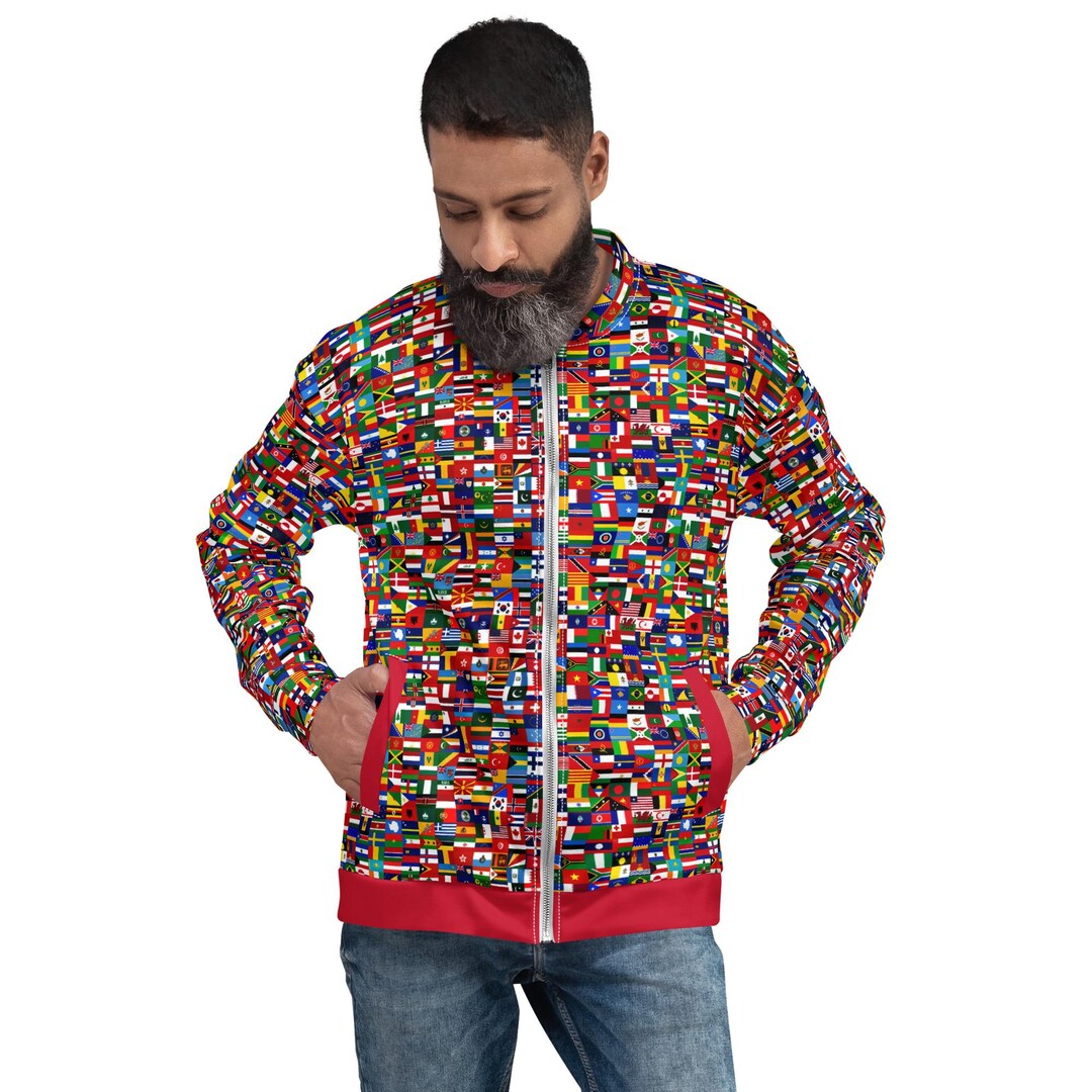 World Flags Printed Bomber Jacket, Traveler Zip-up Jacket, Map of World ...