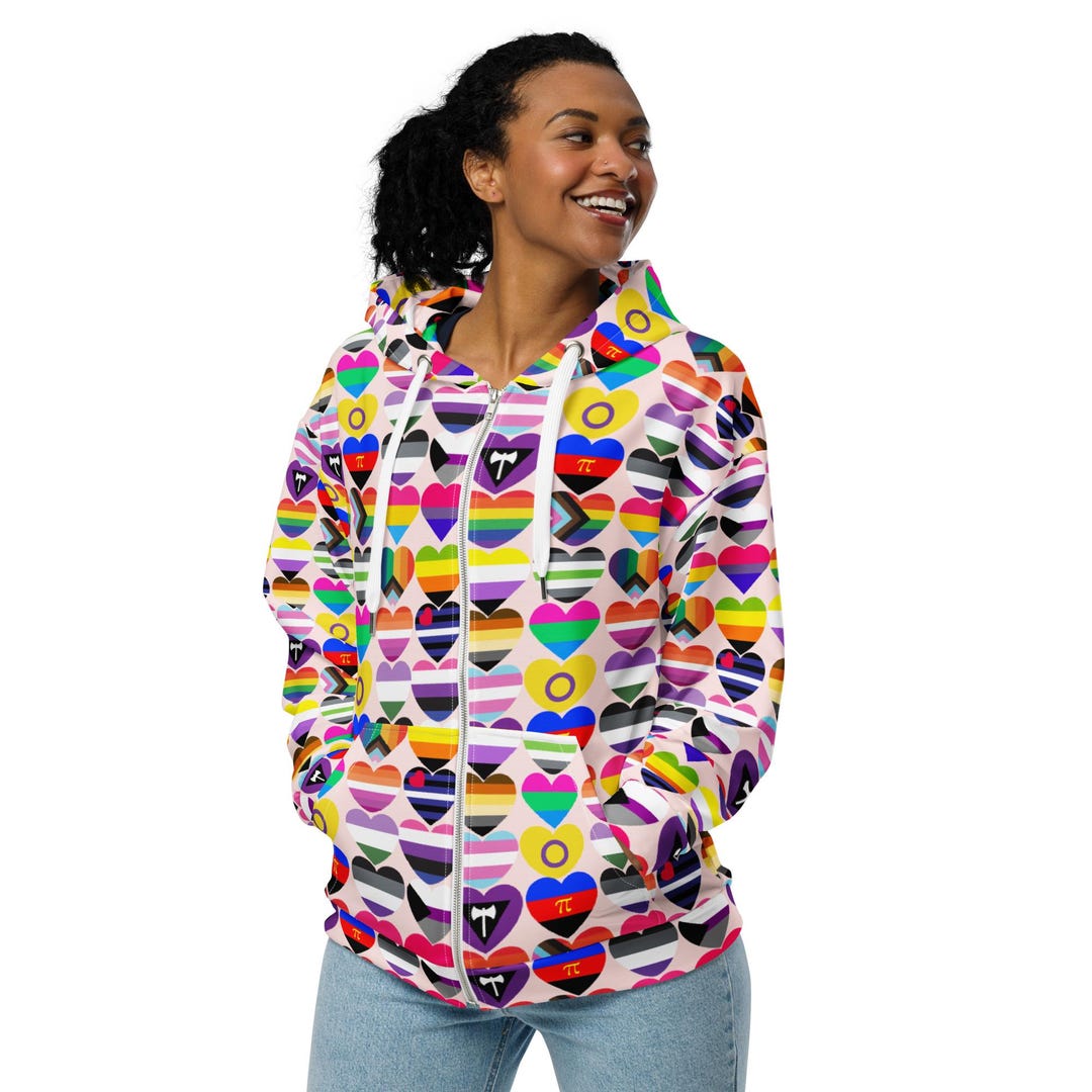 LGBTQ Pride Flag Hearts Zipper Hoodie, Gay Lesbian Pride Zip-up Hoodie ...