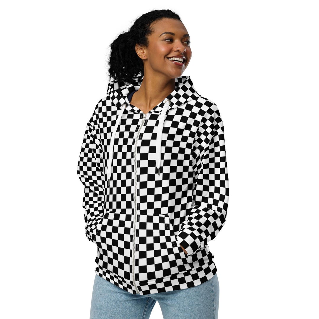 Black and White Checkered Zipper Hoodie, All Over Print Streetwear ...