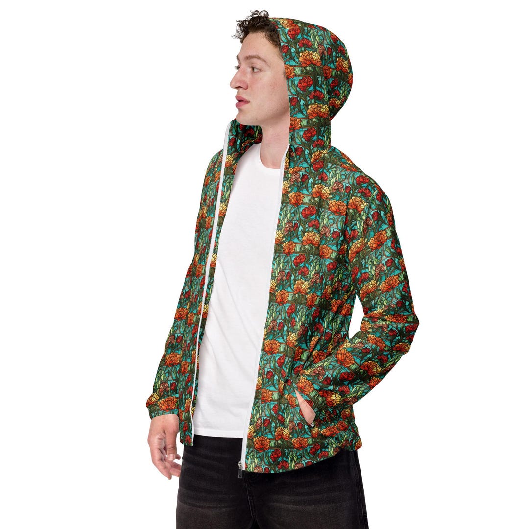 Stained Glass Flower Men's Windbreaker Jacket, Aesthetic Floral Print ...