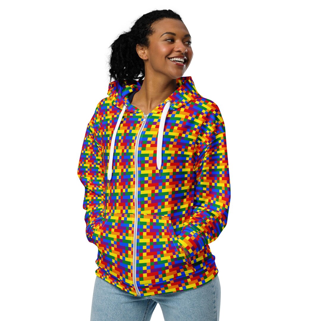 LGBTQ Rainbow Checkered Zipper Hoodie, Gay Lesbian Pride Zip-up Hoodie ...