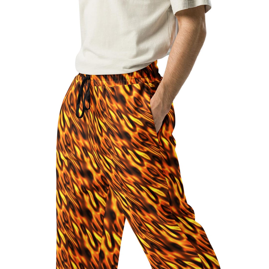 Fire Flames Printed Wide Leg Joggers, Fluffy Fire AOP Athletic Jogger ...
