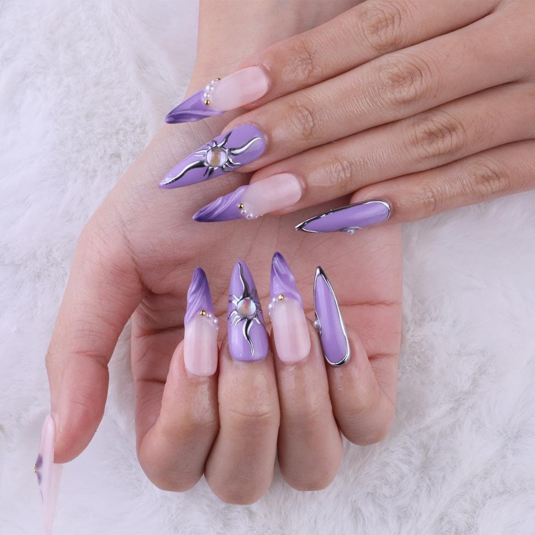 Blue Leopard Flowers Long Stiletto Press on Nails Handmade Gel False ...