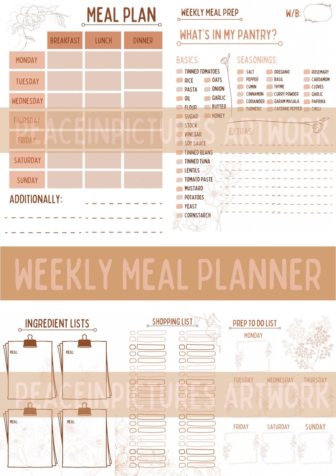 Weekly Meal Prep Planner | Printable PDF File | Botanical Theme ...