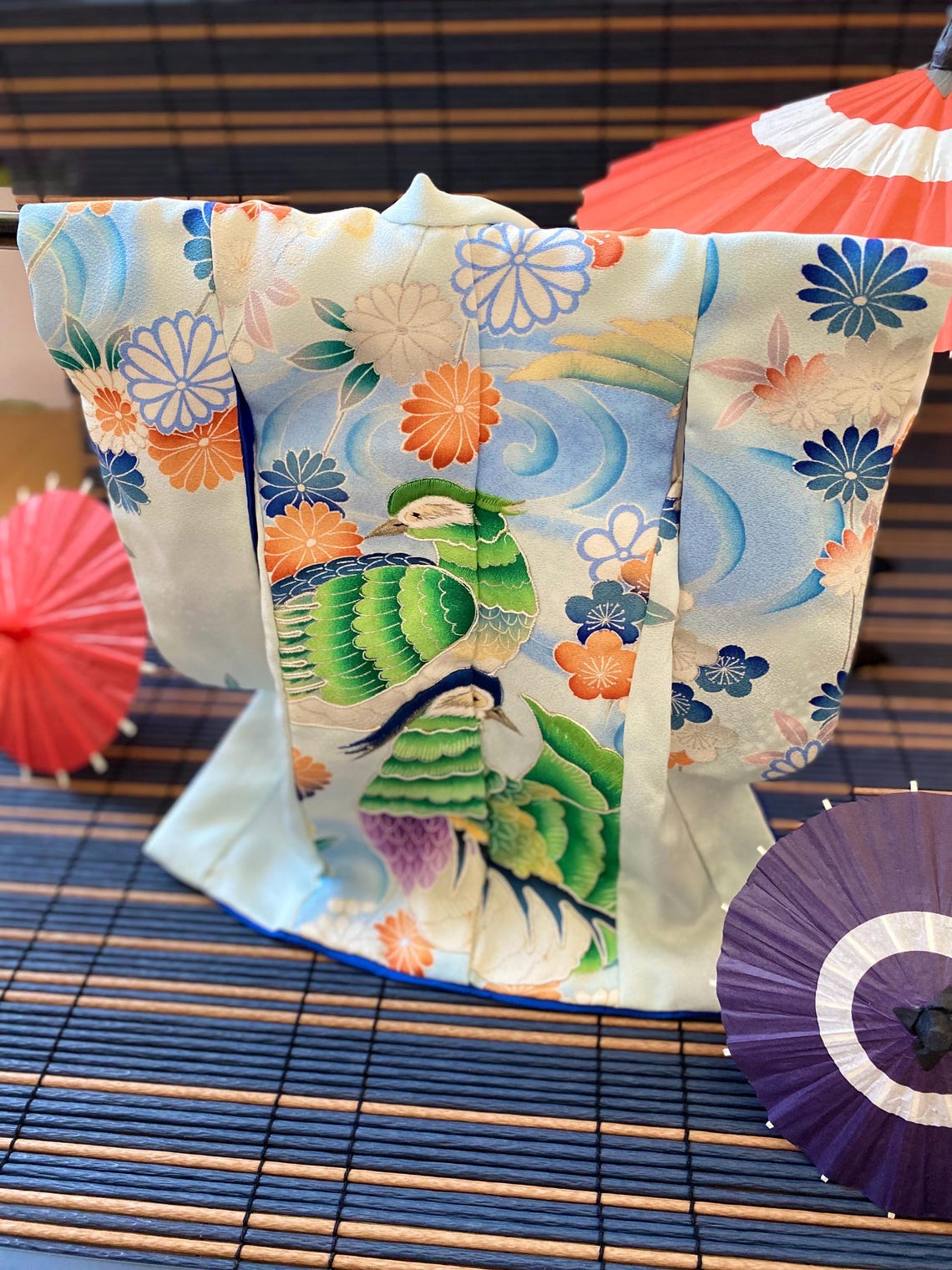 Miniature Kimono With Hanger, Light Blue & Green Mandarin Duck Design ...
