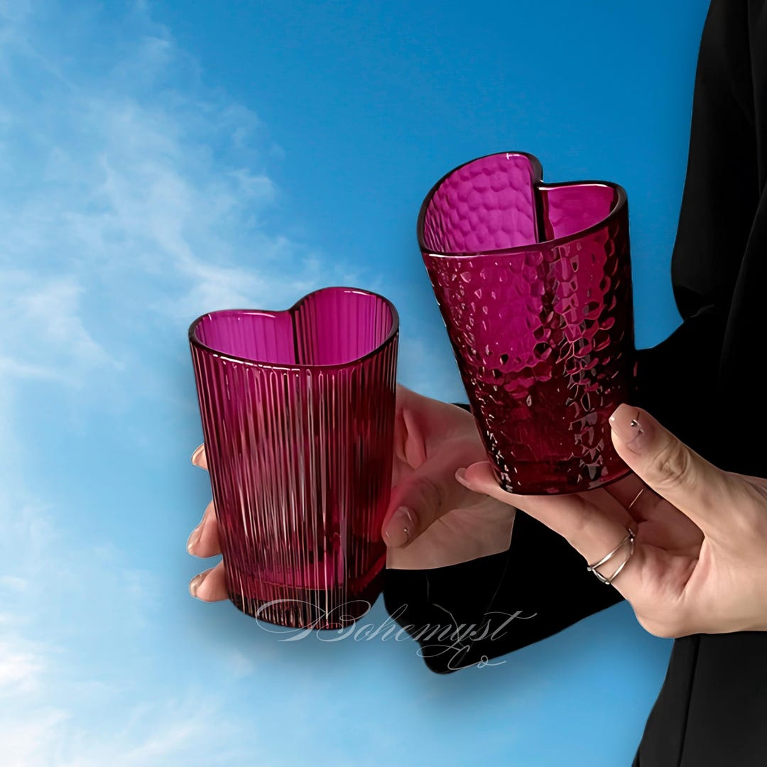 Heart-shaped Pink Glass Cups Romantic Textured Tumblers for Home, Party ...