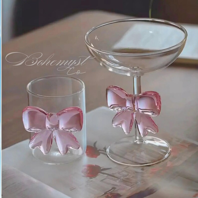 Pink Bow Handle Champagne Glasses - Handmade Coquette Wine Glass Set ...