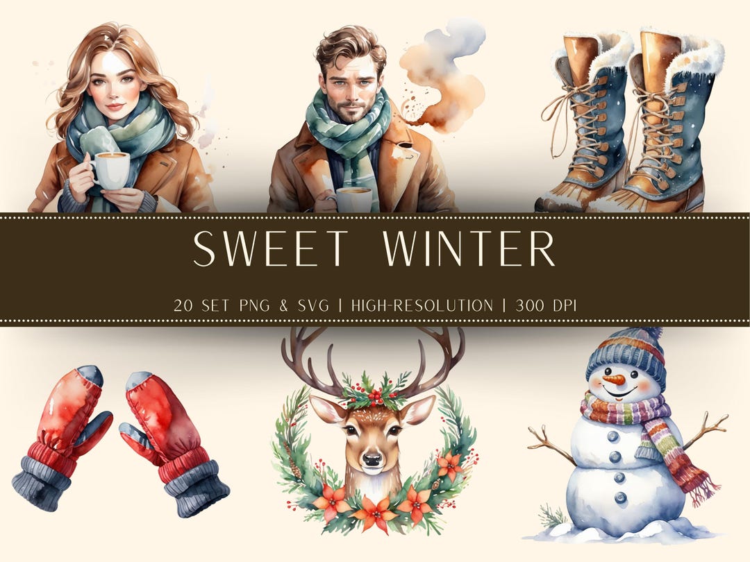20 Watercolor Winter Clipart Elements: Man and Woman Animals Snowman ...