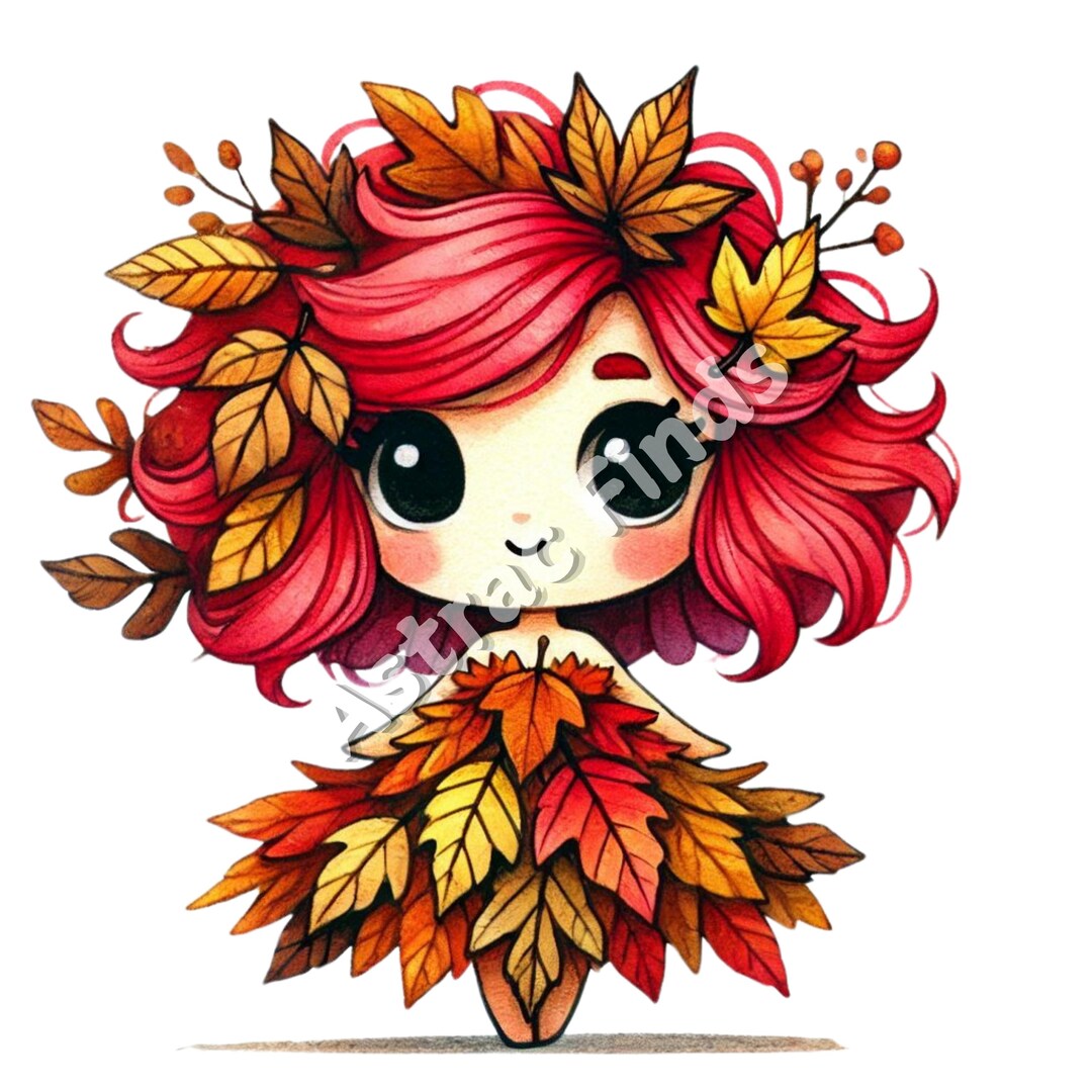 12 Watercolor Autumn Cute Chibi Girl Autumn Leaf | High Resolution 300 ...