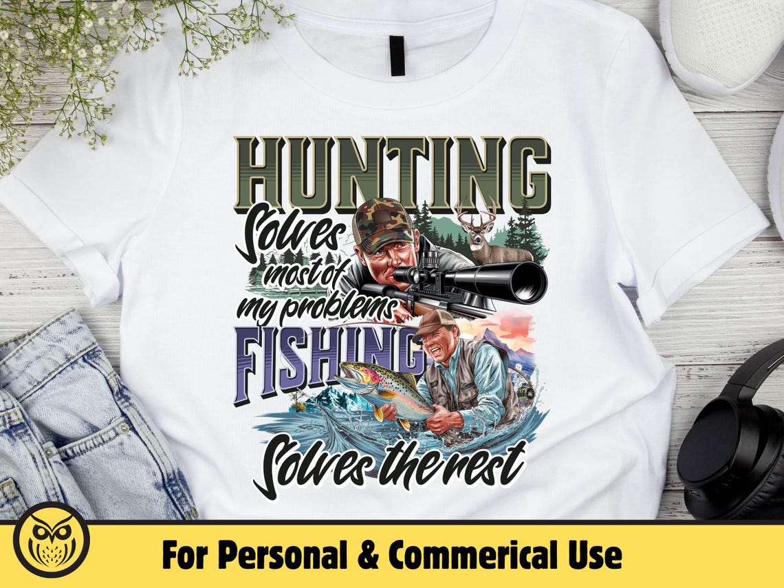 Hunting Fishing Solves Problems Clipart PNG - Funny Hunter Fisherman ...