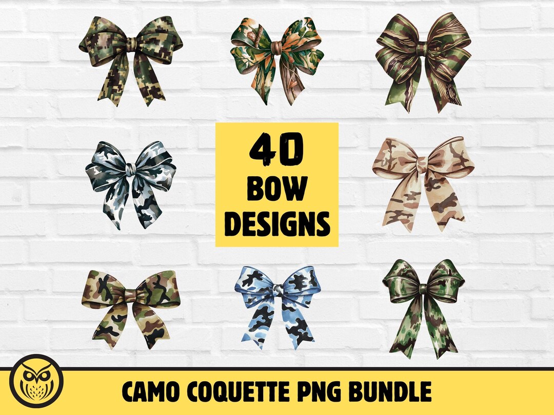 Camo Watercolor Bow PNG Bundle - Set of 40 Coquette Bows for Army Mom ...