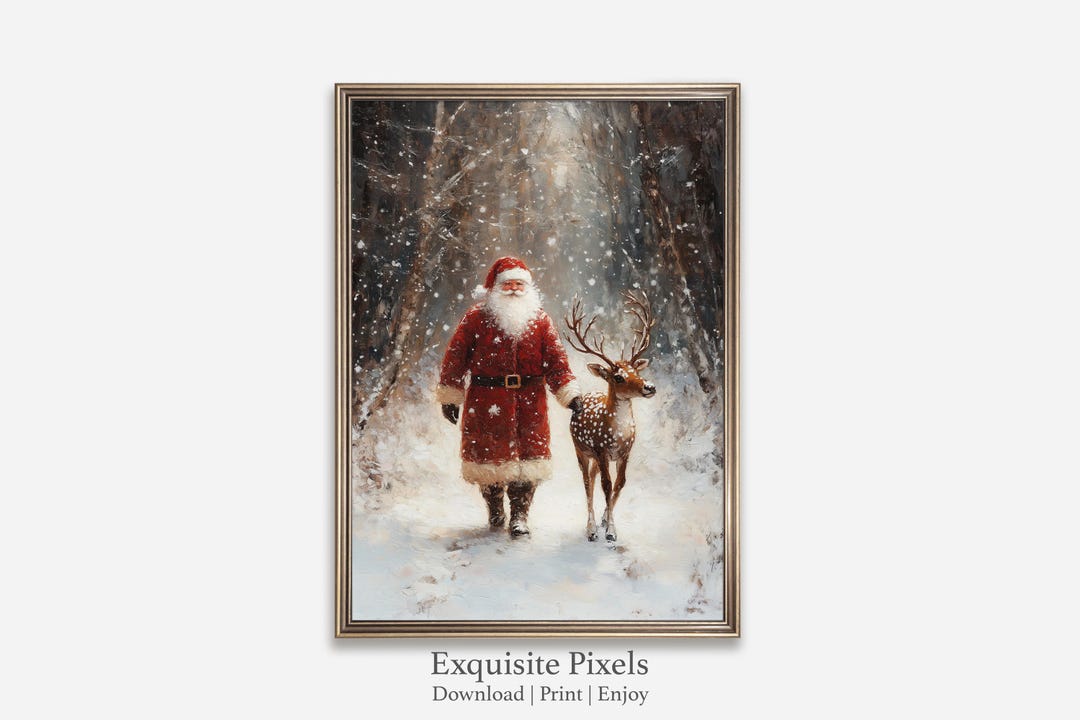 Santa Claus With Reindeer Vintage Painting | Whimsical Christmas Scene ...