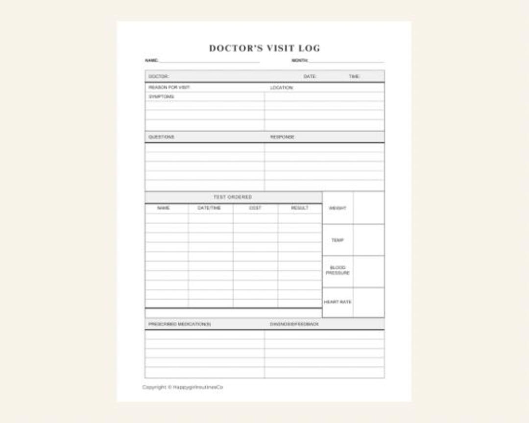 Doctor's Visit Log Sheet Template Health Organizer for Patients and ...