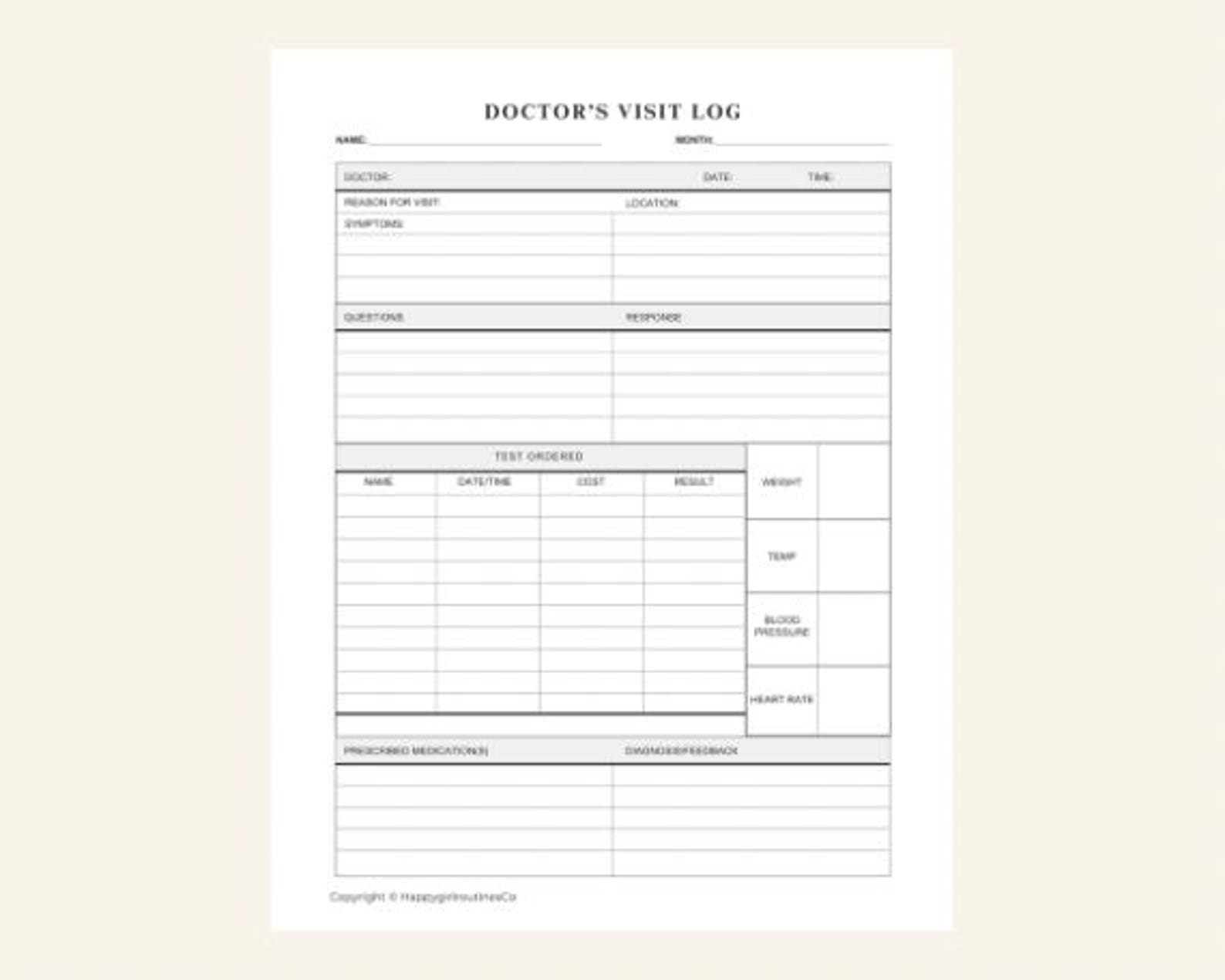 Doctor's Visit Log Sheet Template | Health Organizer for Patients and ...
