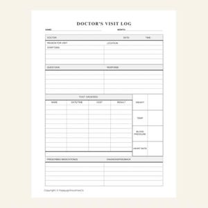 Doctor's Visit Log Sheet Template | Health Organizer for Patients and ...