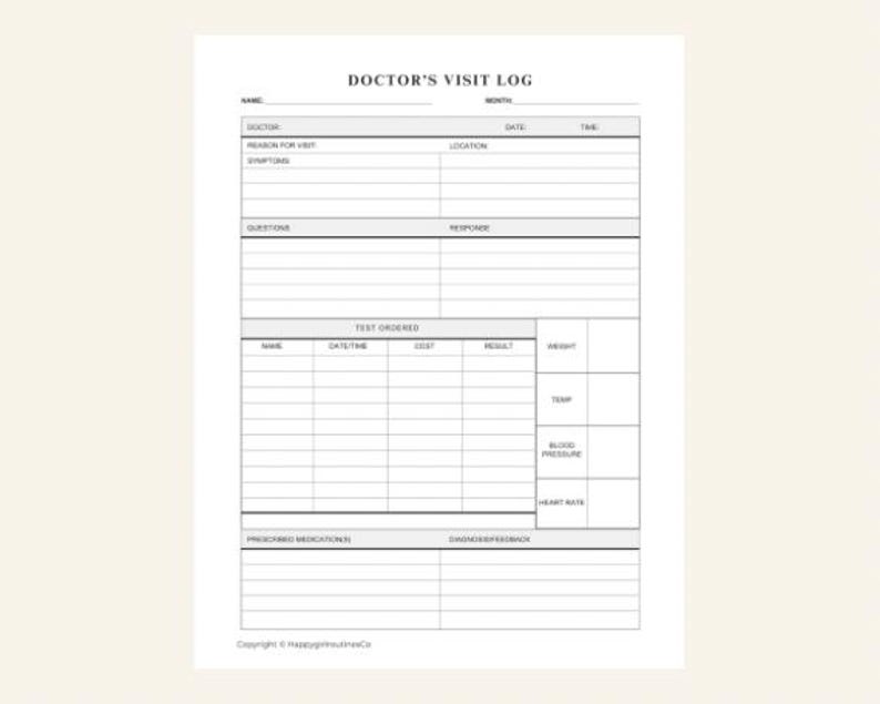 Doctor's Visit Log Sheet Template | Health Organizer for Patients and ...