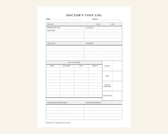 Doctor's Visit Log Sheet Template | Health Organizer for Patients and ...