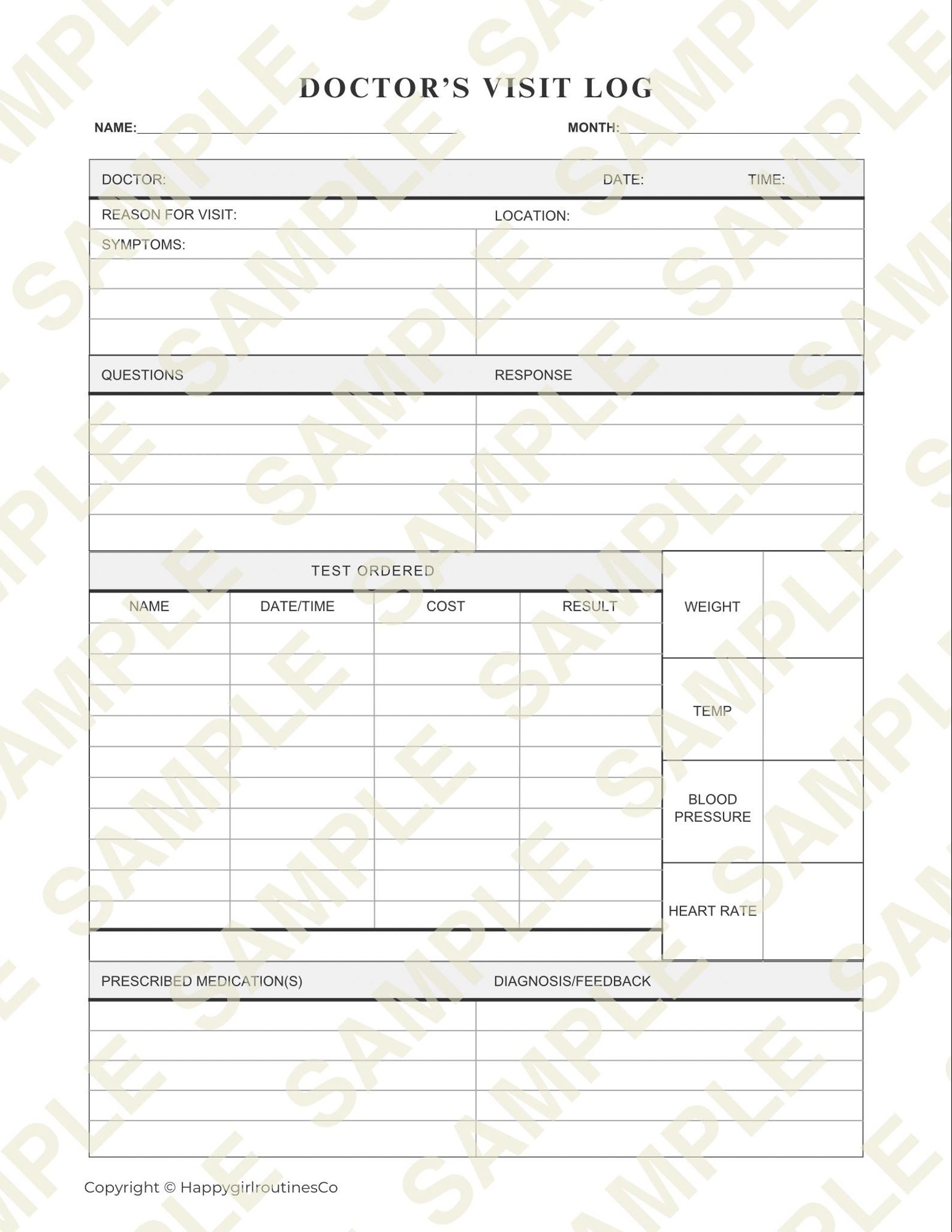 Doctor's Visit Log Sheet Template | Health Organizer for Patients and ...