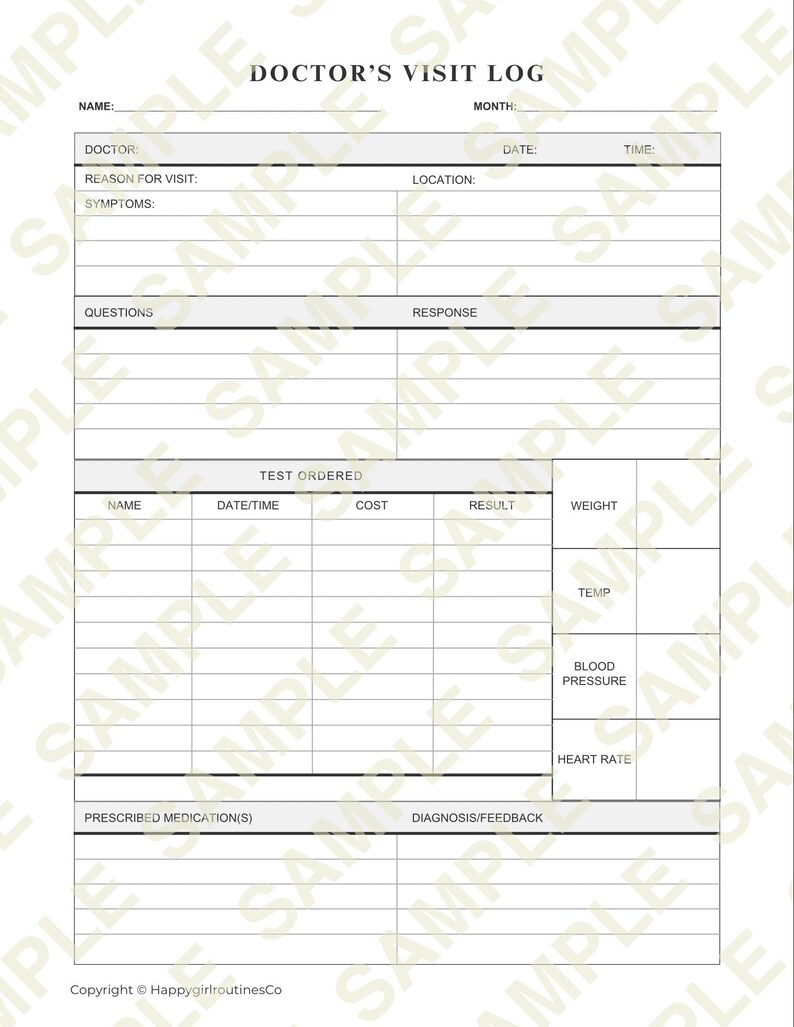 Doctor's Visit Log Sheet Template | Health Organizer for Patients and ...