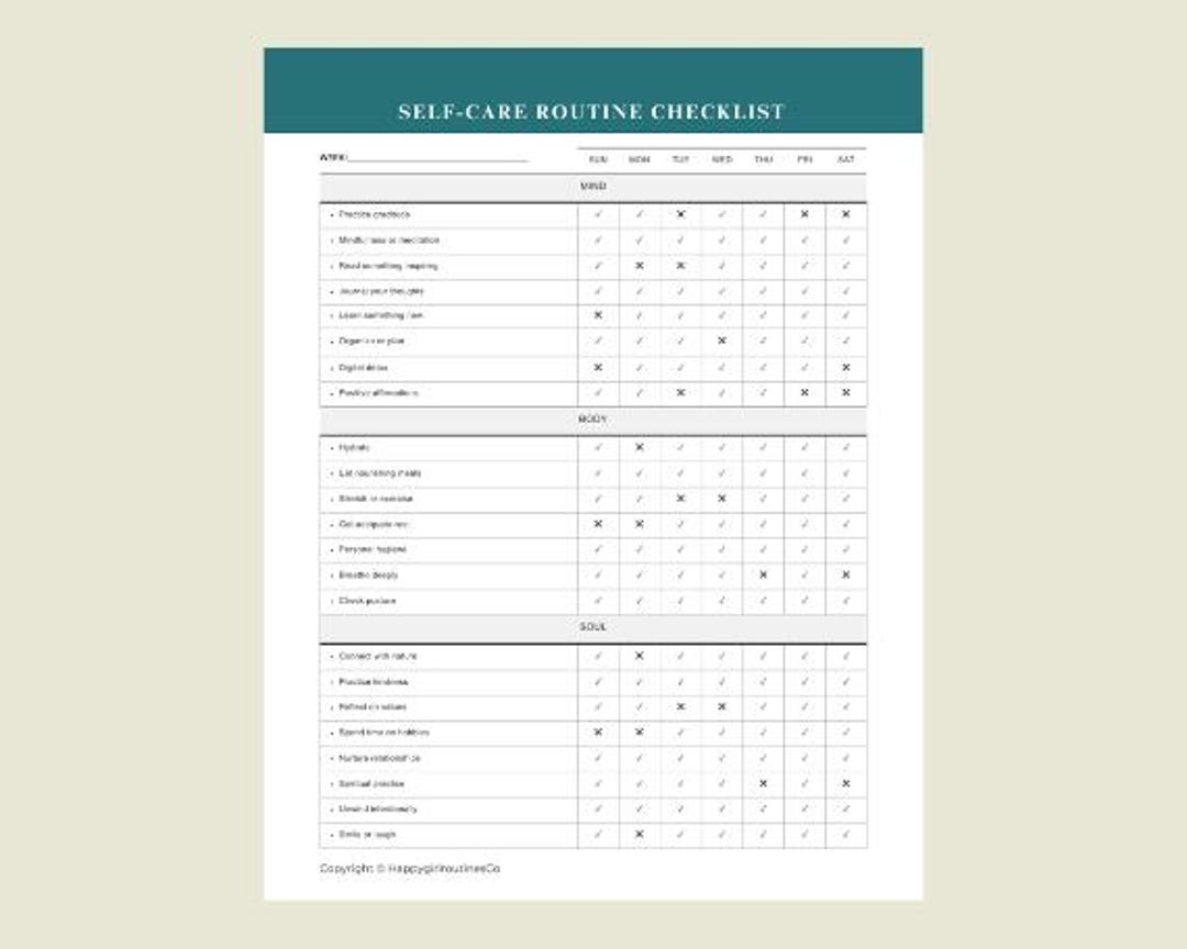 Self-care Routine Checklist Printable for Adults | Daily Wellness ...