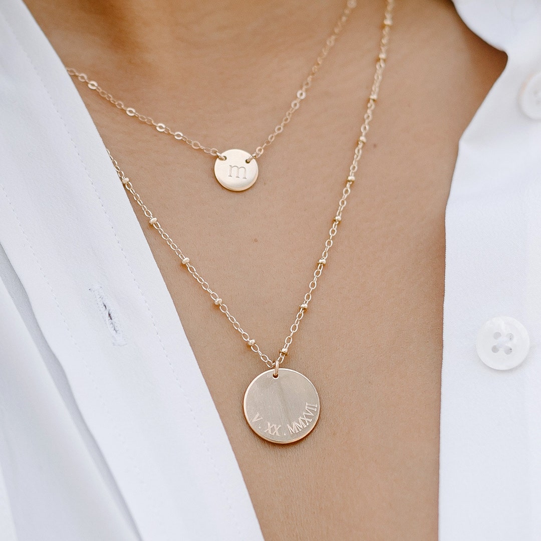 Personalized Disc Necklace, Custom Inscription With Roman Numeral, Date ...
