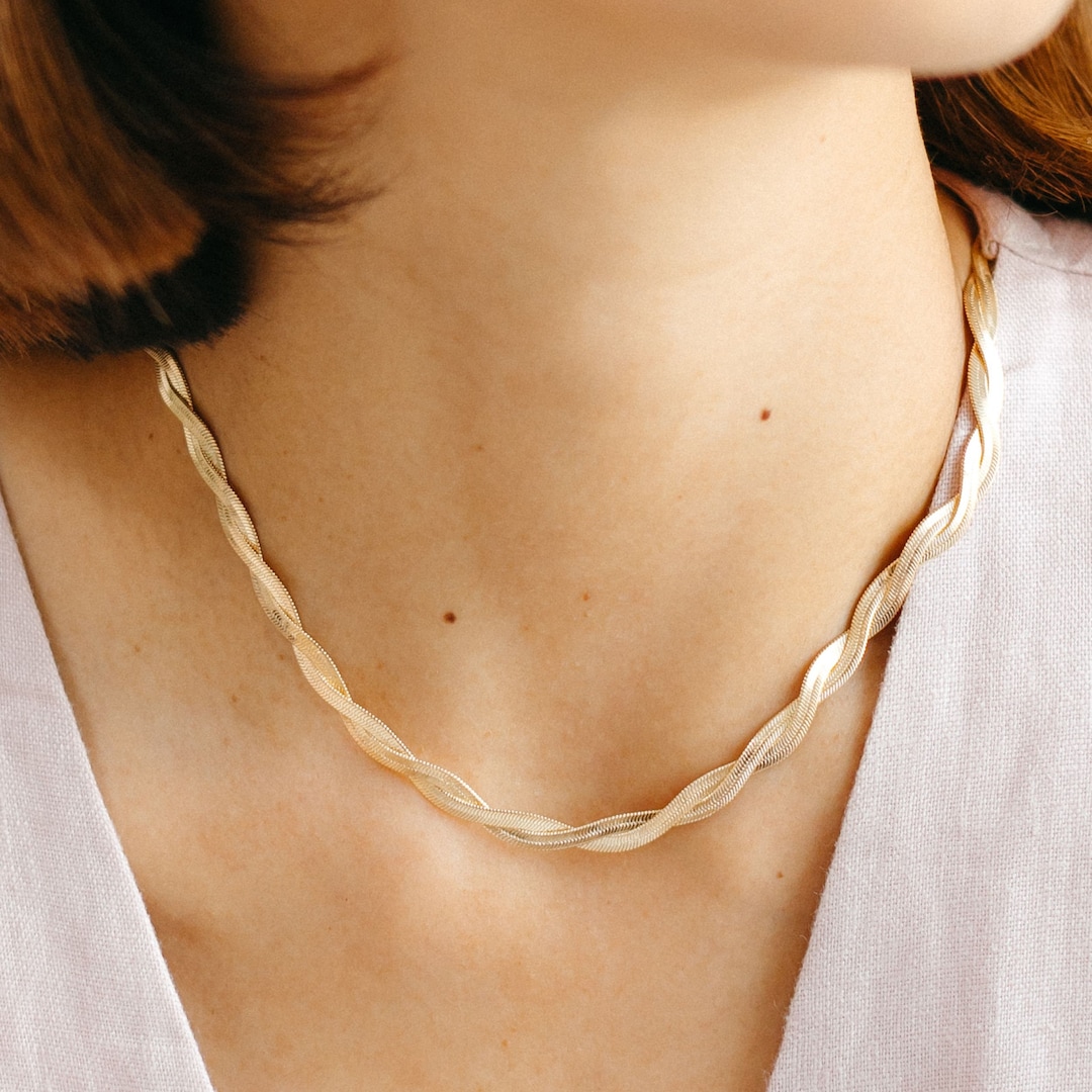 Braided Herringbone Chain Necklace Gold Herringbone Necklace 14kt Gold Filled Etsy