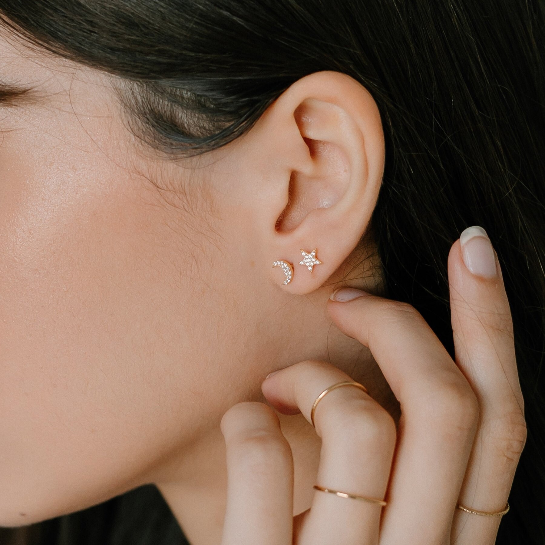 Mini Moon Stud Earrings CZ Moon Studs Moon Stud Earrings - Etsy