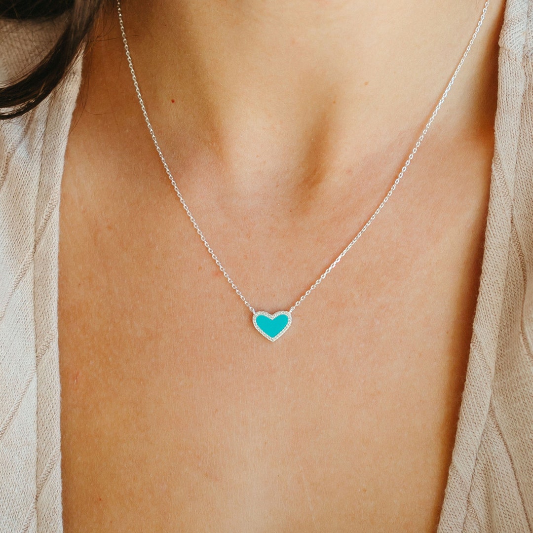 Mini Turquoise Heart Necklace With White Crystal Pave, Turquoise Heart ...