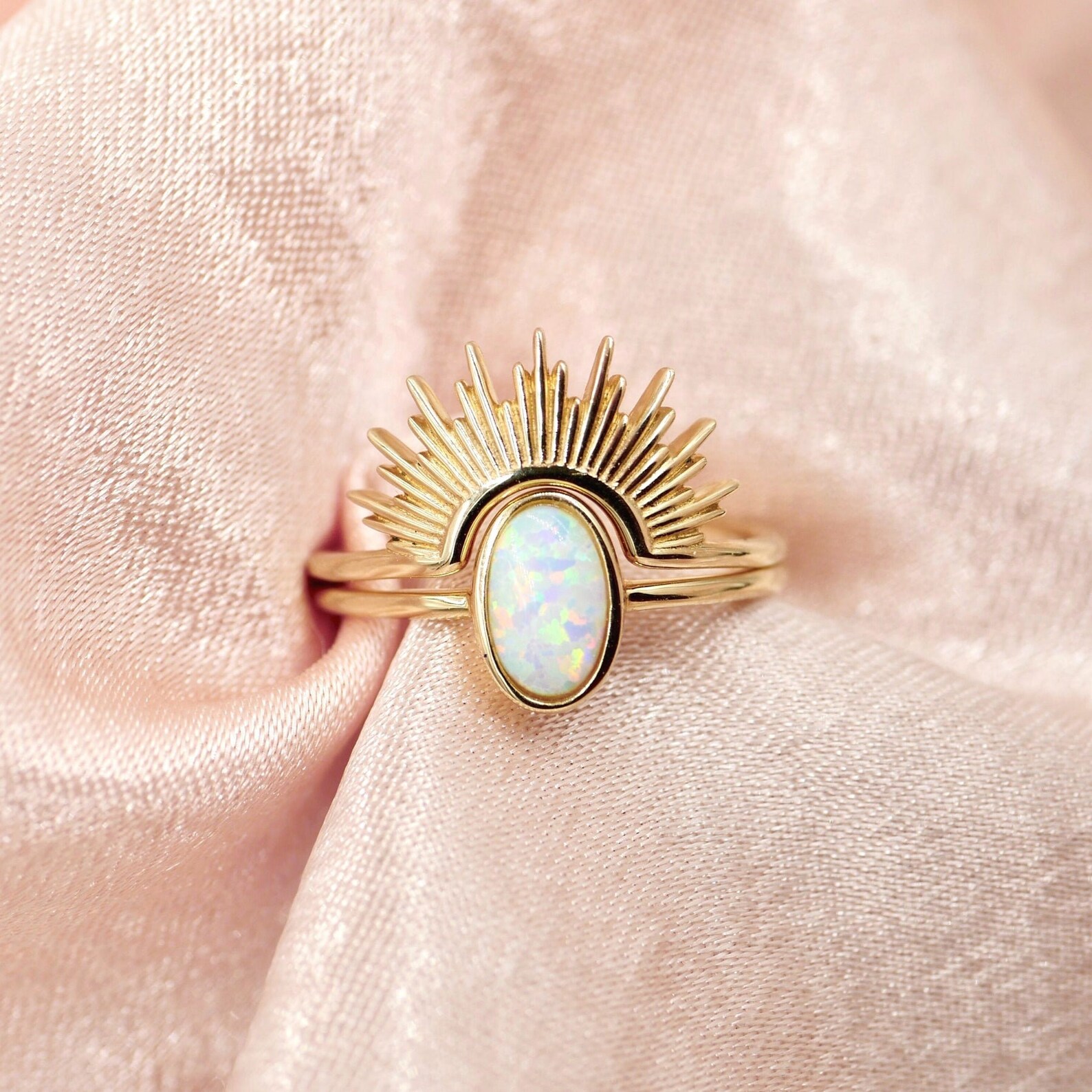 Solid Gold Opal Sunburst Ring Set, Solid Gold Opal Ring, Gold Ring Set ...