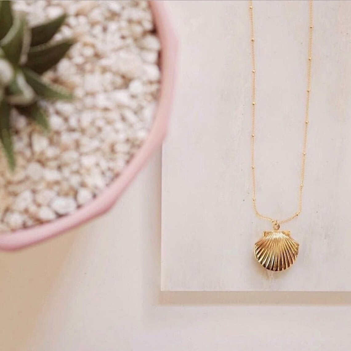 Seashell Locket Necklace Long Locket Necklace Gold Locket | Etsy