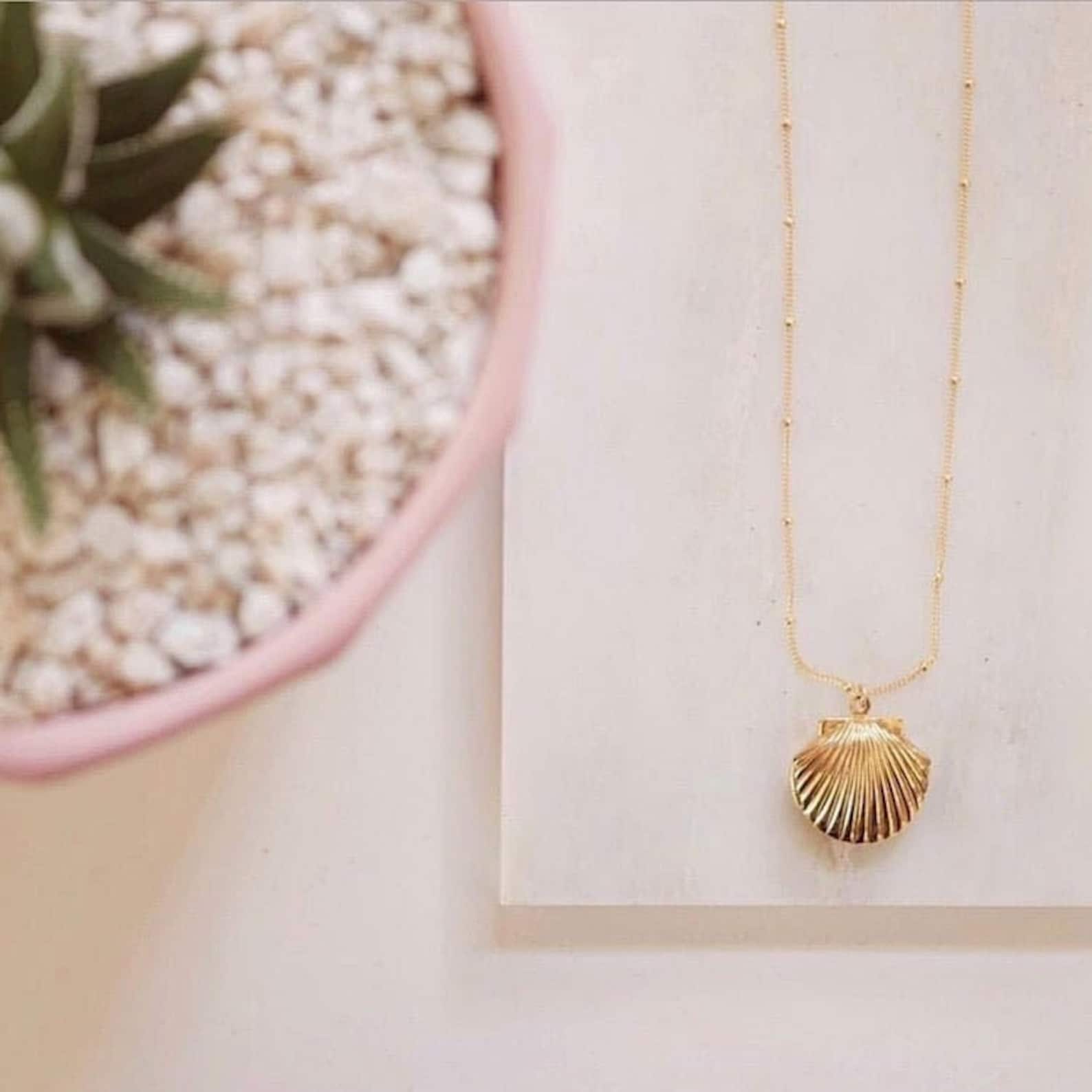 Seashell Locket Necklace Long Locket Necklace Gold Locket | Etsy