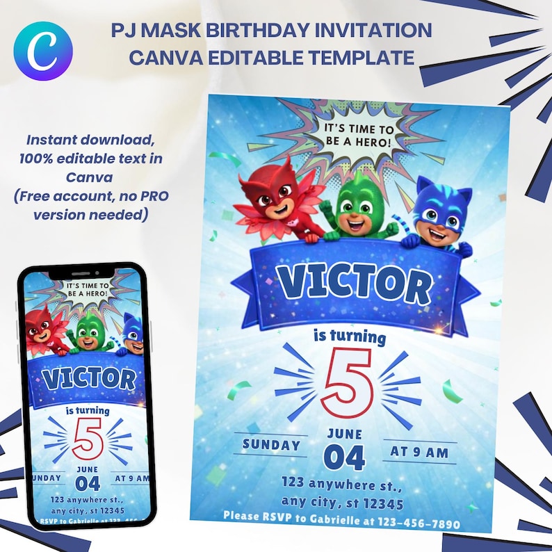 PJ Masks Birthday Invitation | Editable Superhero Party Invite (digital ...