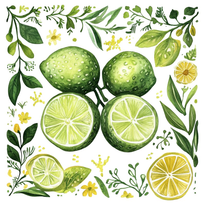12 Watercolor Lime Clipart Limes Scandinavian Folk Art Clip Art Fruit ...