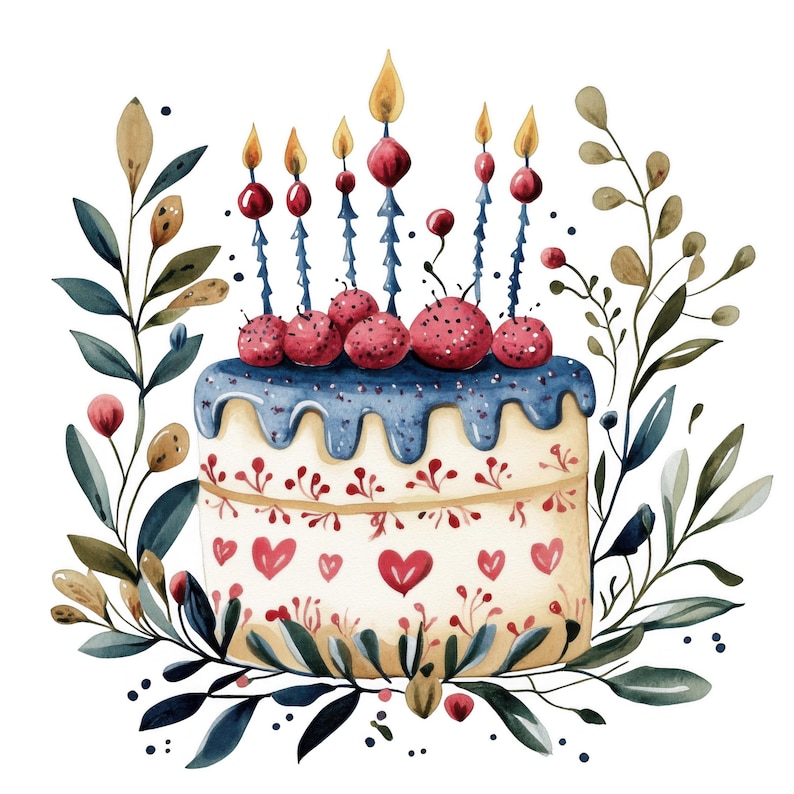 13 Birthday Cake Clipart Watercolor Birthday Cakes Scandinavian Folk ...