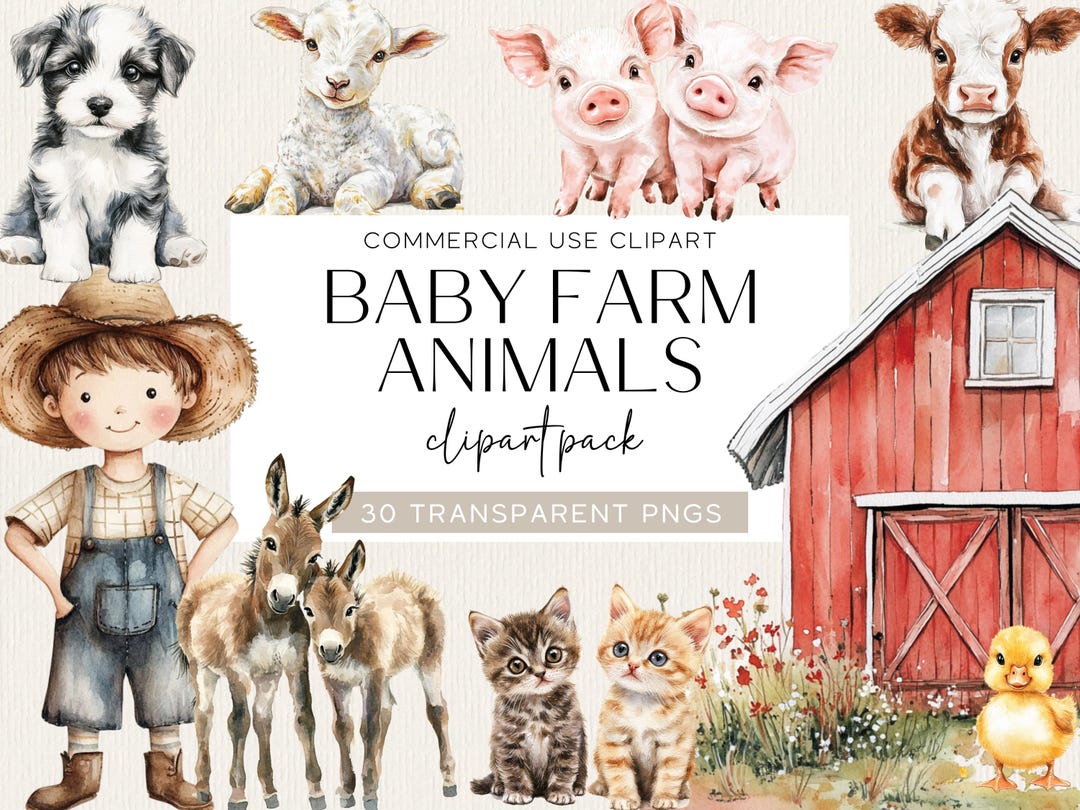 Little Farm Watercolor Clipart Animals Baby Shower Farm Watercolor Clip ...