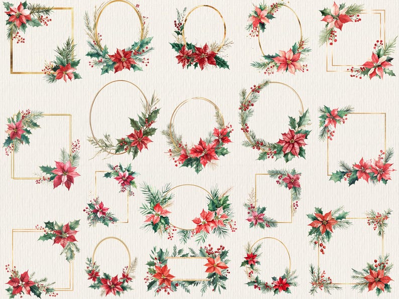Poinsettia Christmas Frames Clipart Watercolor Christmas Botanical Clip ...