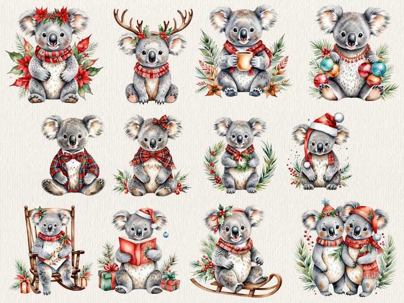 Watercolor Christmas Koalas Clipart Cute Christmas Clip Art Cute ...