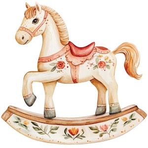 12 Baby Rocking Horse Clipart Watercolor Baby Shower Clipart Vintage ...