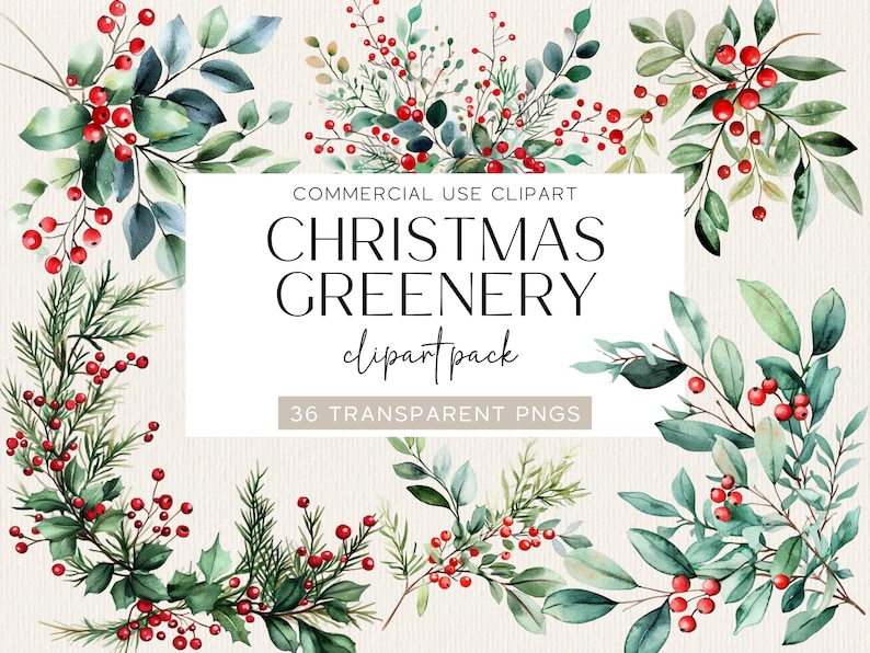 Berries & Greenery Christmas Clipart Watercolor Christmas Botanical ...