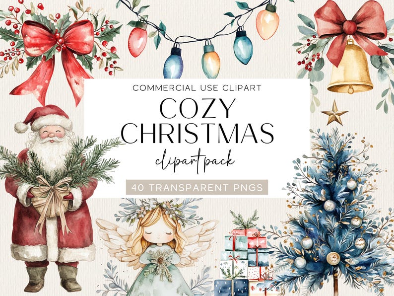 Watercolor Vintage Christmas Elements Clipart Bundle Cozy Christmas ...