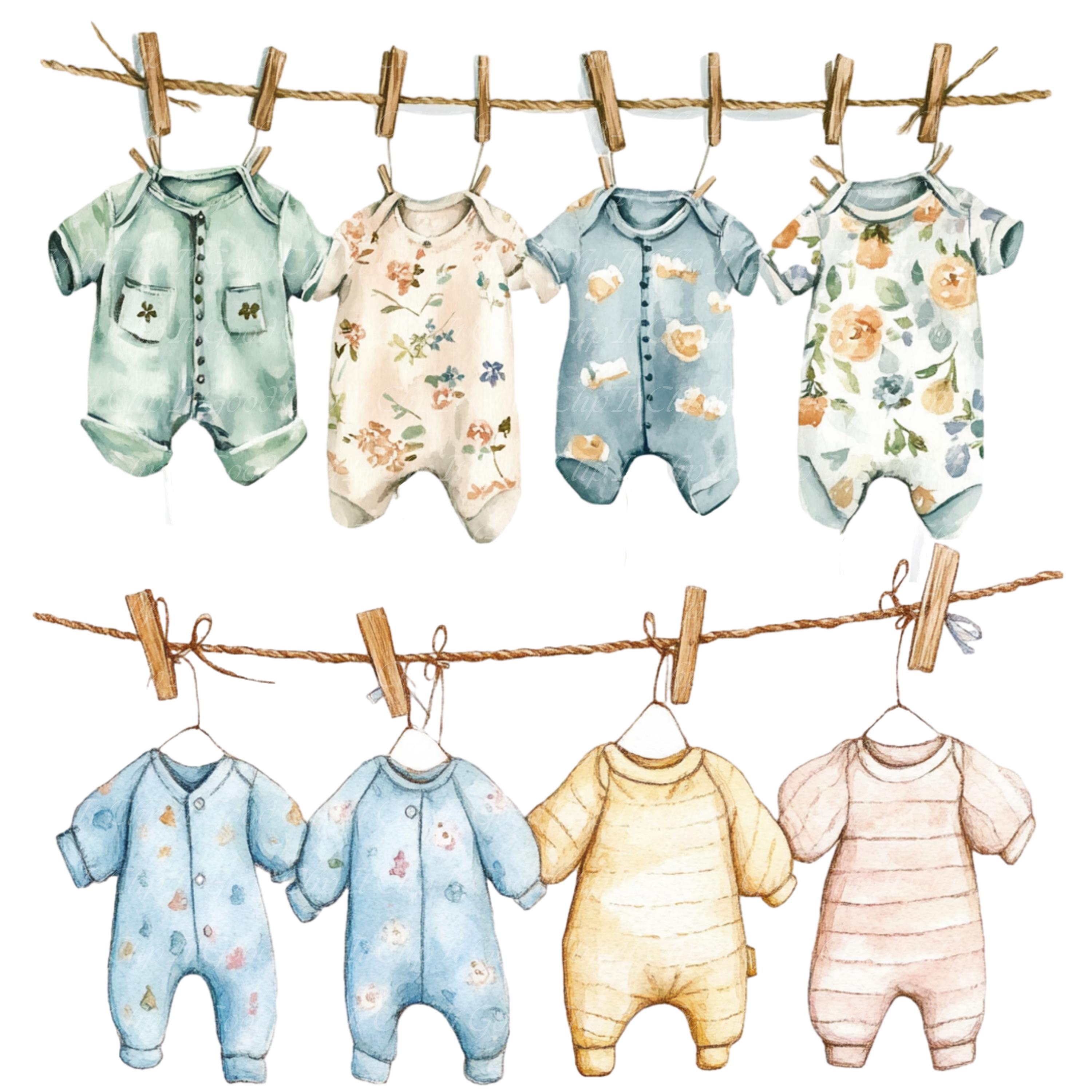 12 Baby Clothesline Clipart Watercolor Baby Shower Clipart Vintage Baby ...